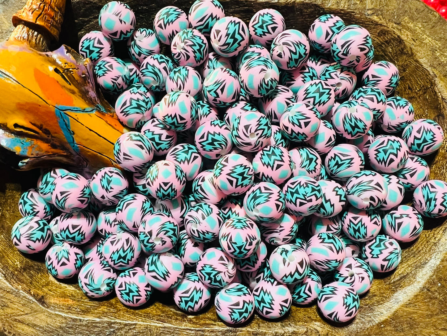 15mm Pink & Teal Aztec beads (pack of 5) EXCLUSIVE – Fire and Hyde Bead ...